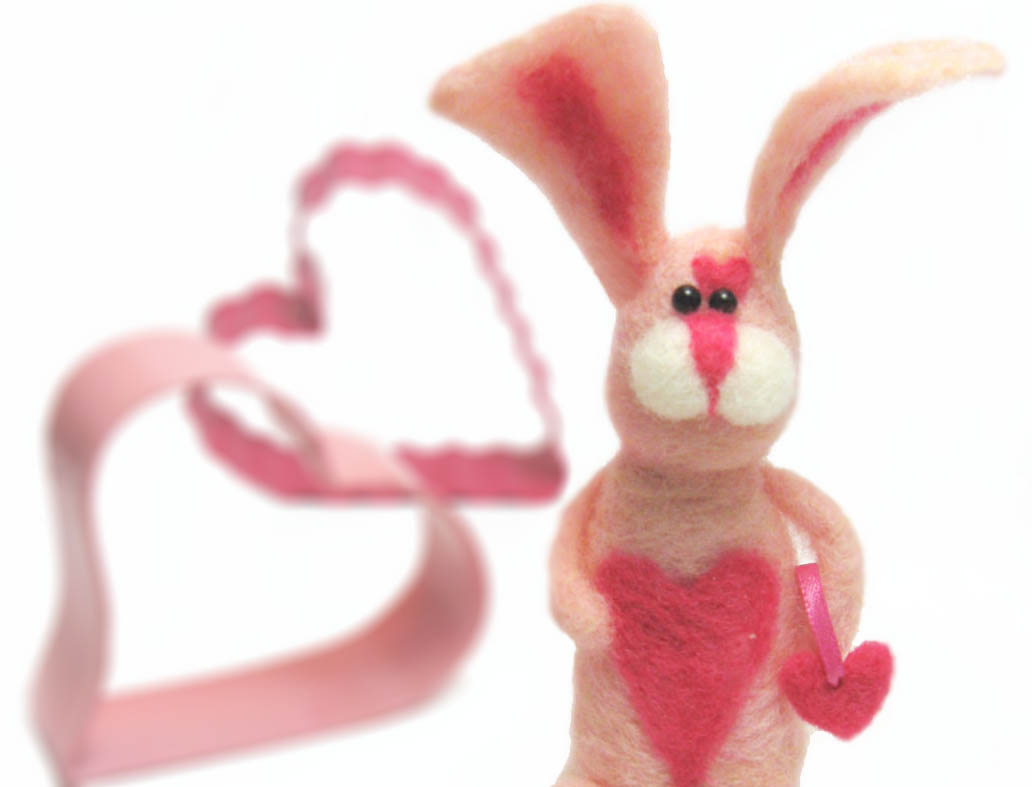 Pink Needle Felted Bunny With Pink Hearts --- Needle Felted Rabbit ...
